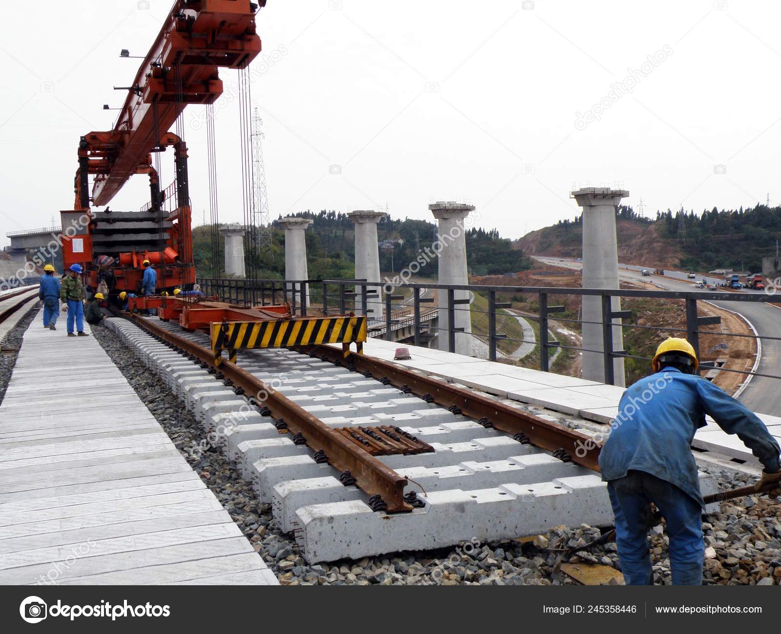 Chinese Workers Work Railway Construction Site Yichang Central Chinas ...