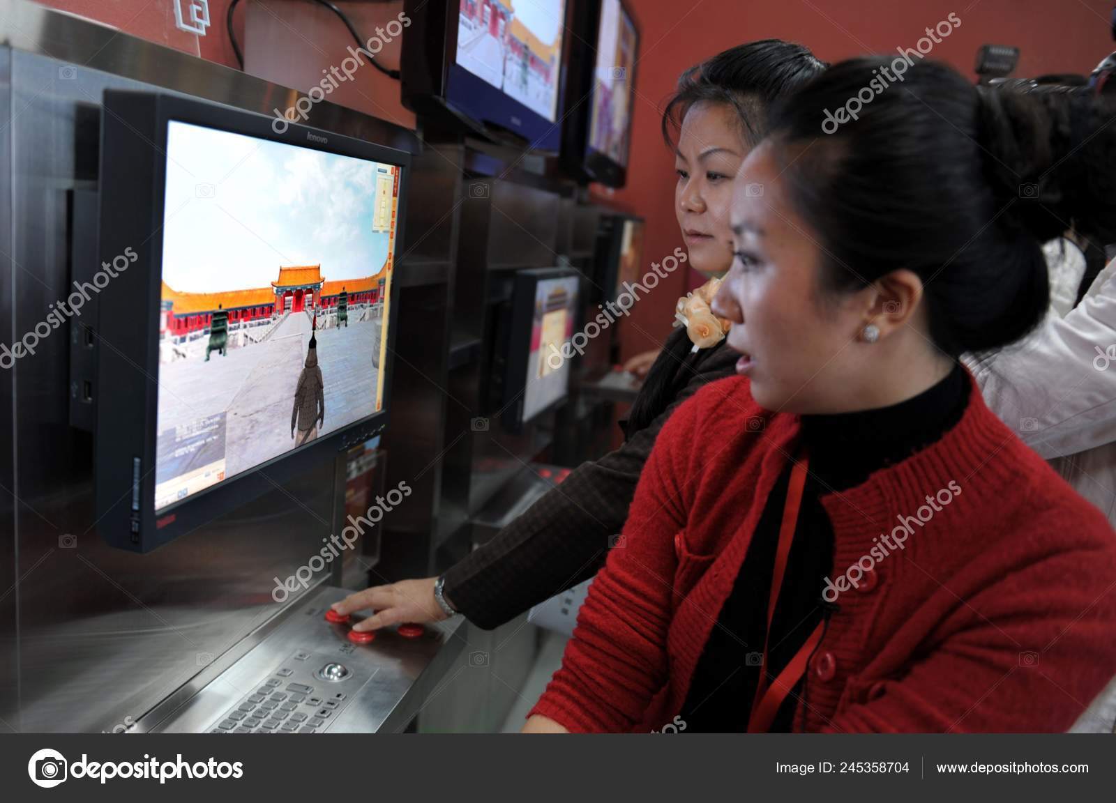 Visitors Watch Screens Displaying Virtual Tours Forbidden City Showroom ...