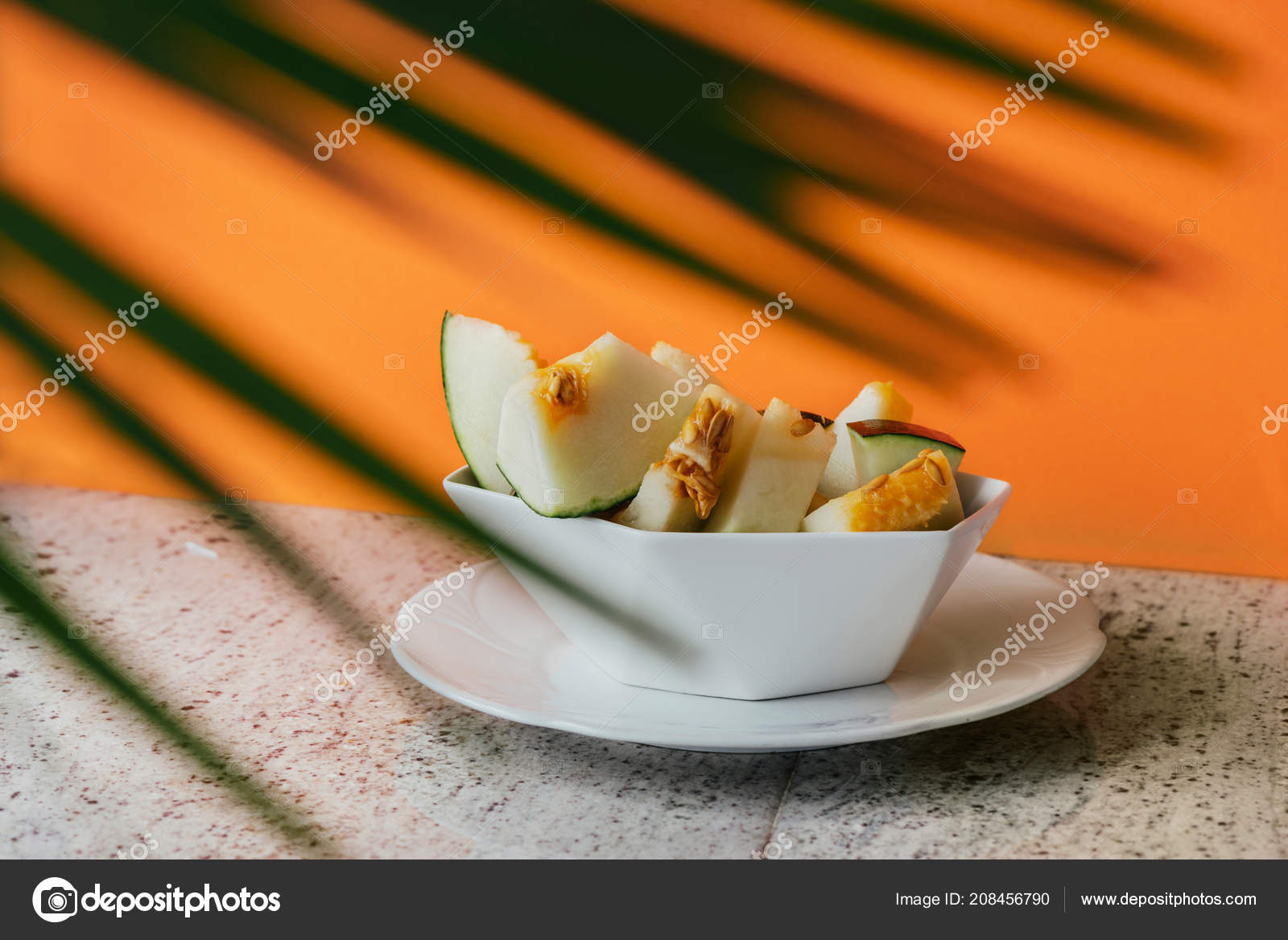 Melon Toad Skin Cut Geometric Bowl Granite Countertop Orange Background ...