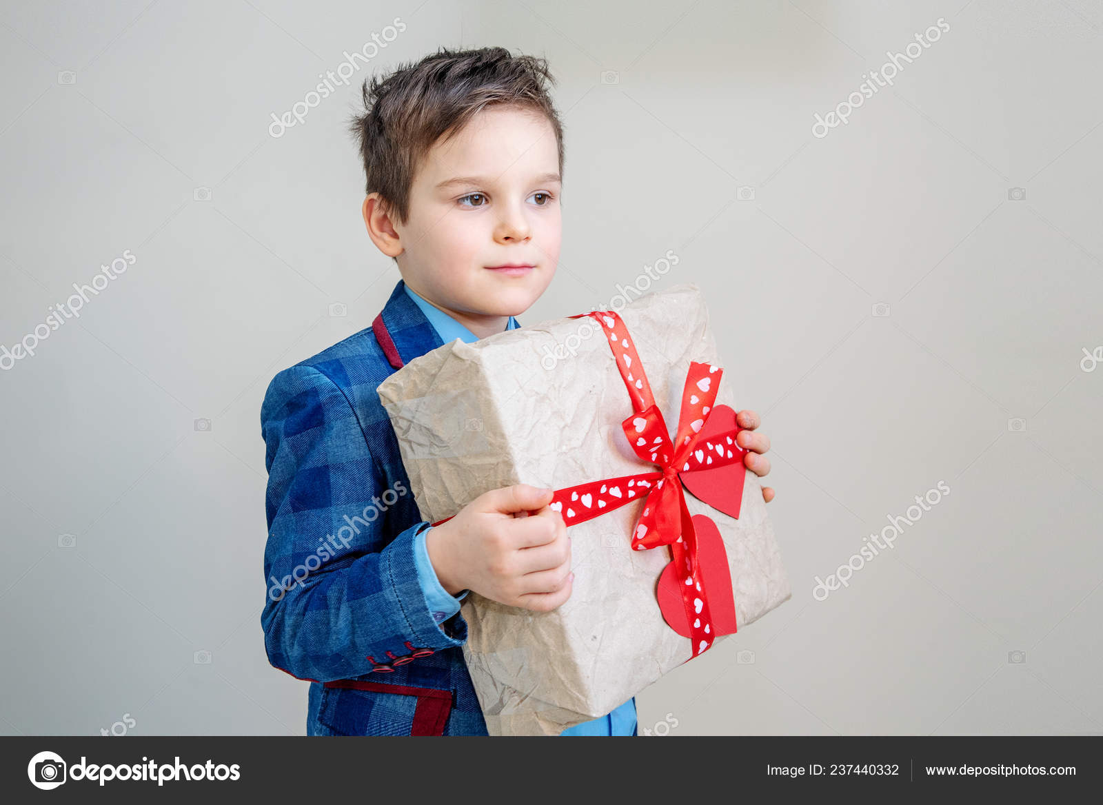 Adorable Boy Suit Gift Box Light Background Valentines Day Concept ...