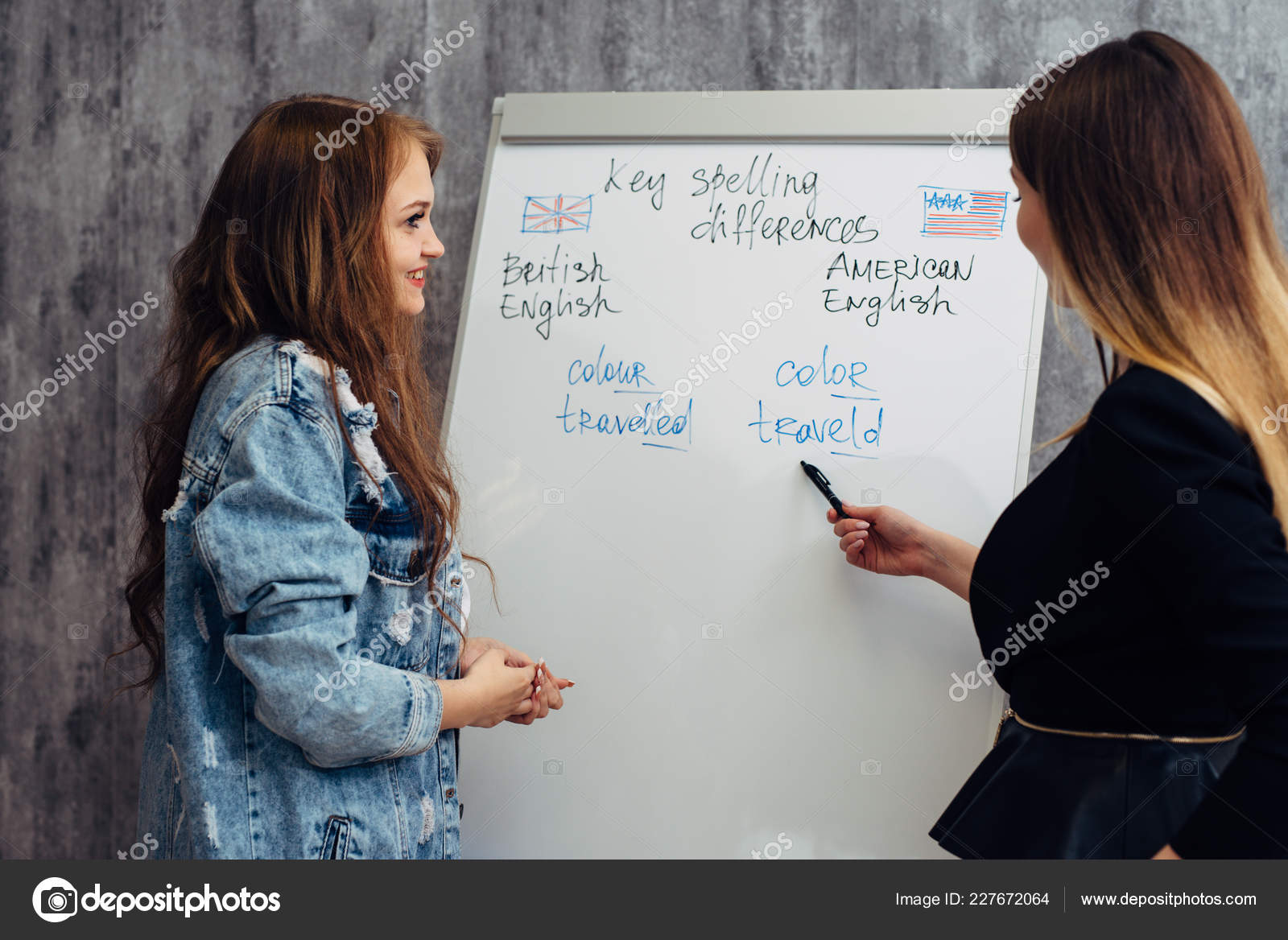 English language school. Lesson, teacher and student talking. Stock ...