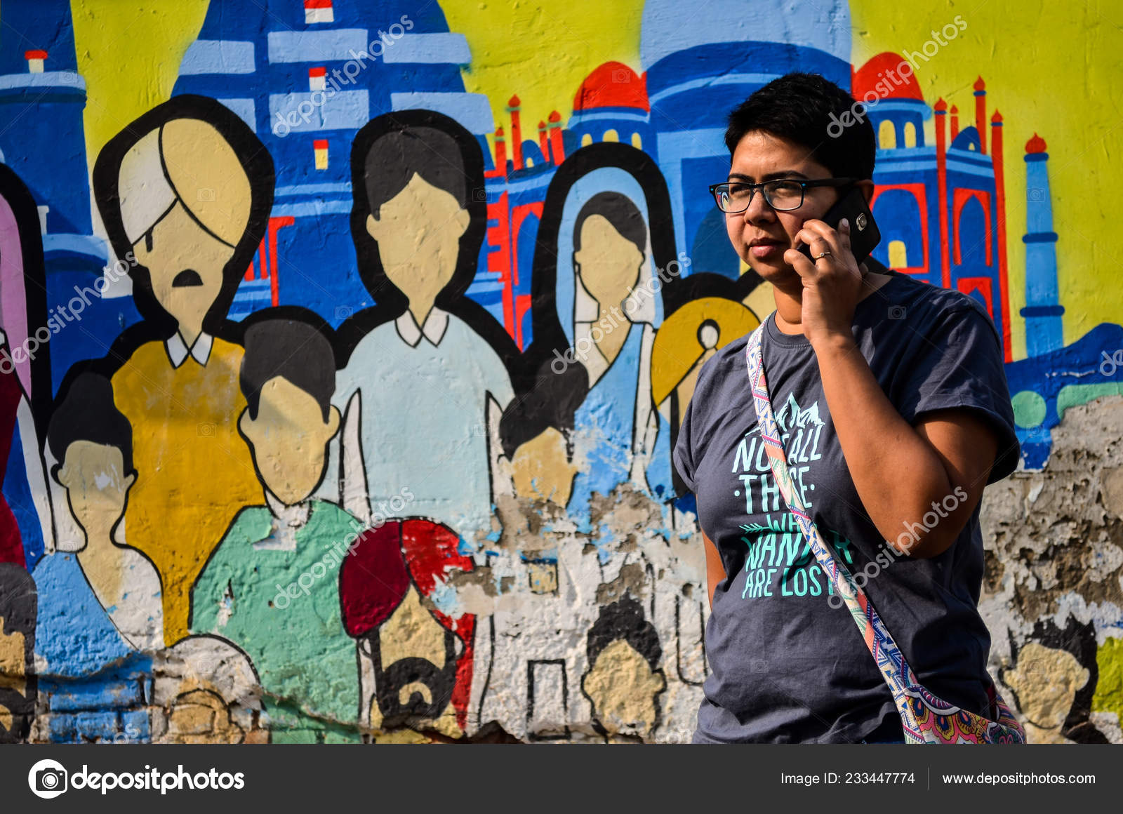 Girl Talking Phone Front Wall Mural Depicting Various Monuments People ...