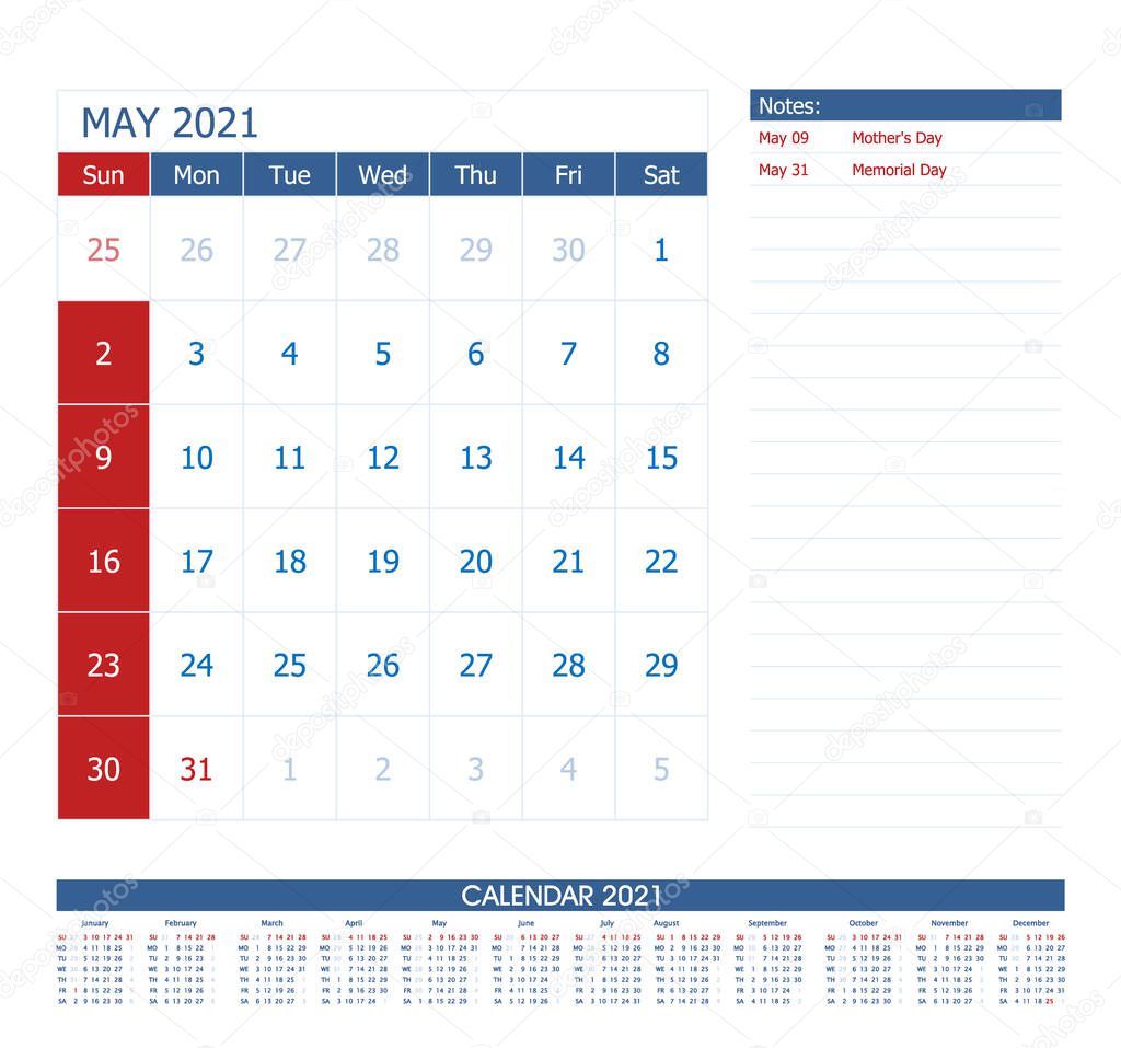 Mayo 2021 Planificador de Calendario. plantilla de vector de calendario ...