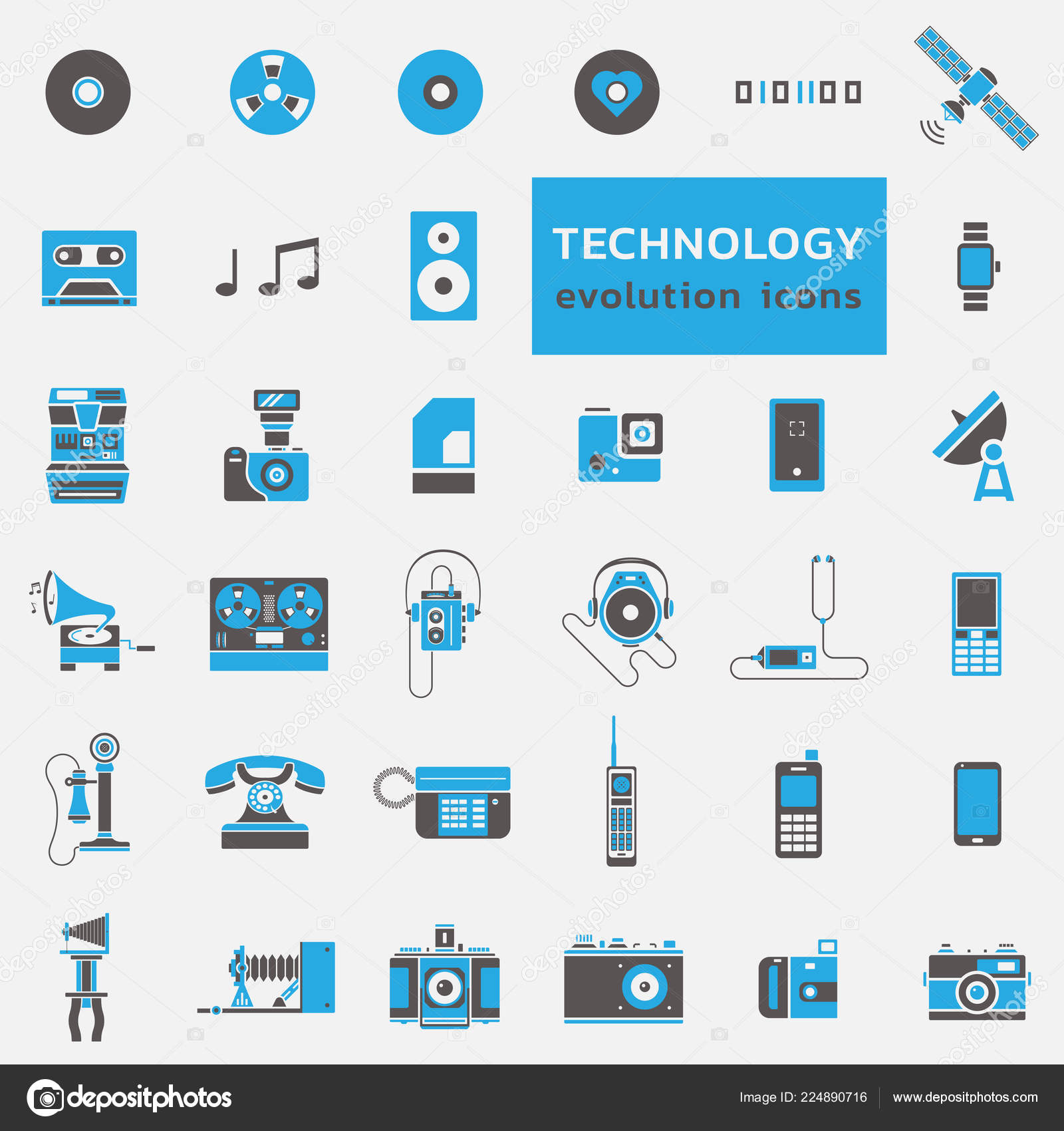 Vector Set Technology Media Icons Black Blue Flat Design — Stock Vector ...