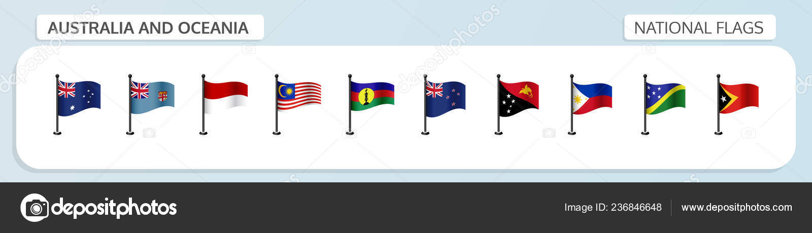 Vector Set National Flags Australia Oceania Flagpole Design Stock ...