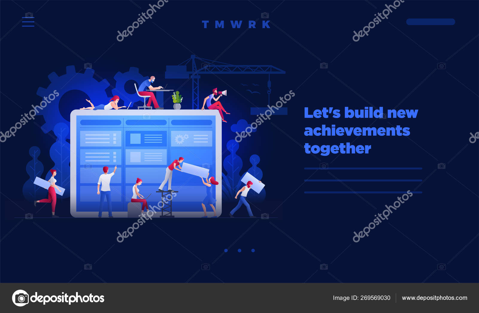 Vector Illustration People Working Together Large Screen Building New ...