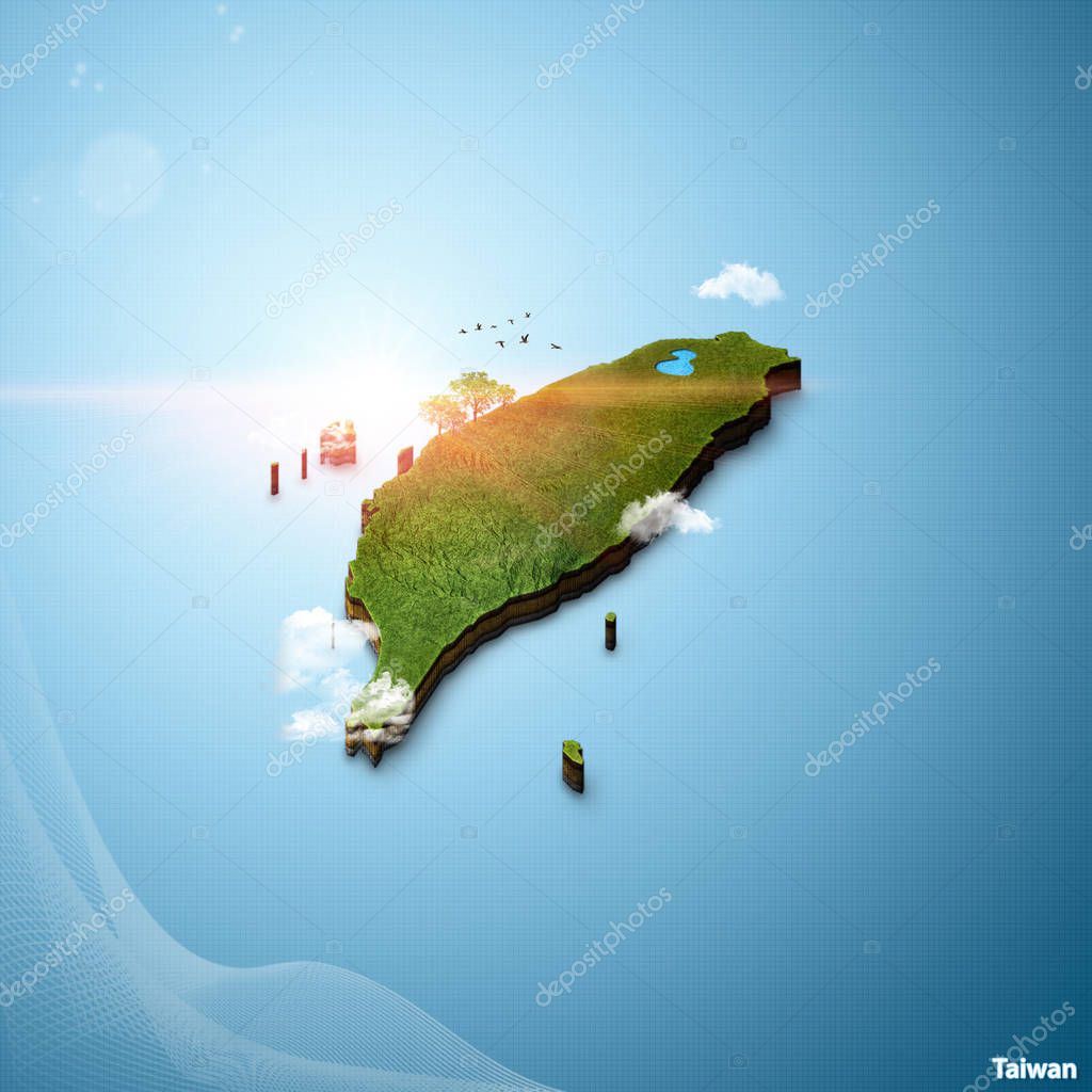 Mapa realista de Taiwán, 3d ilustración, estilo isla 2023