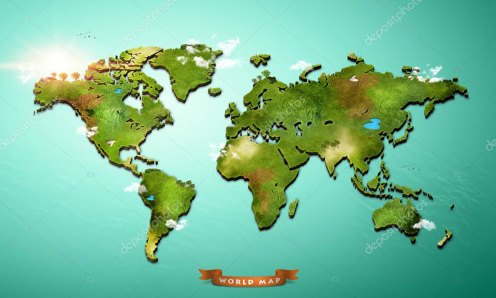 Mapa del mundo realista, ilustración 3d, estilo isla 2023