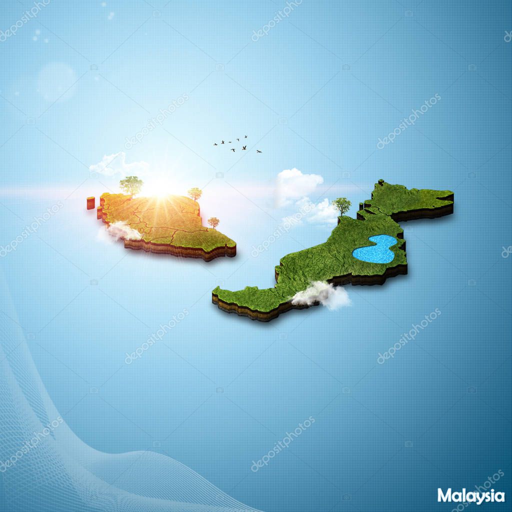 Mapa realista de Malasia, 3d ilustración, estilo isla 2024