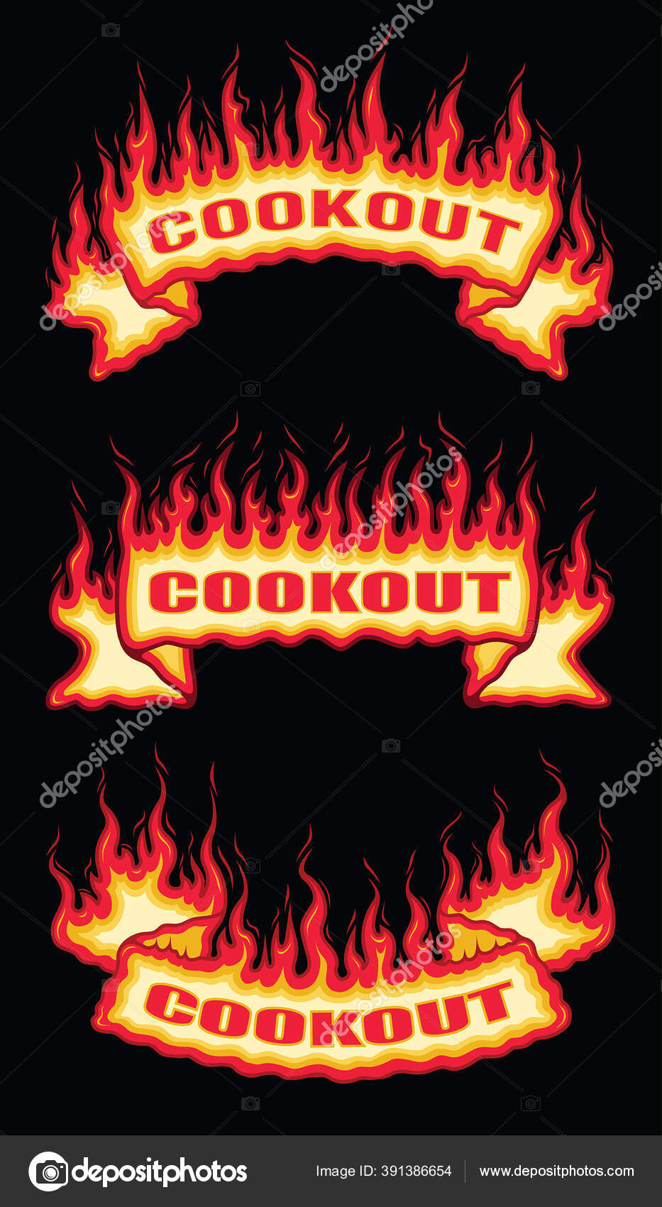 Cookout Fire Flame Scroll Banners Illustration Three Flaming Banners ...