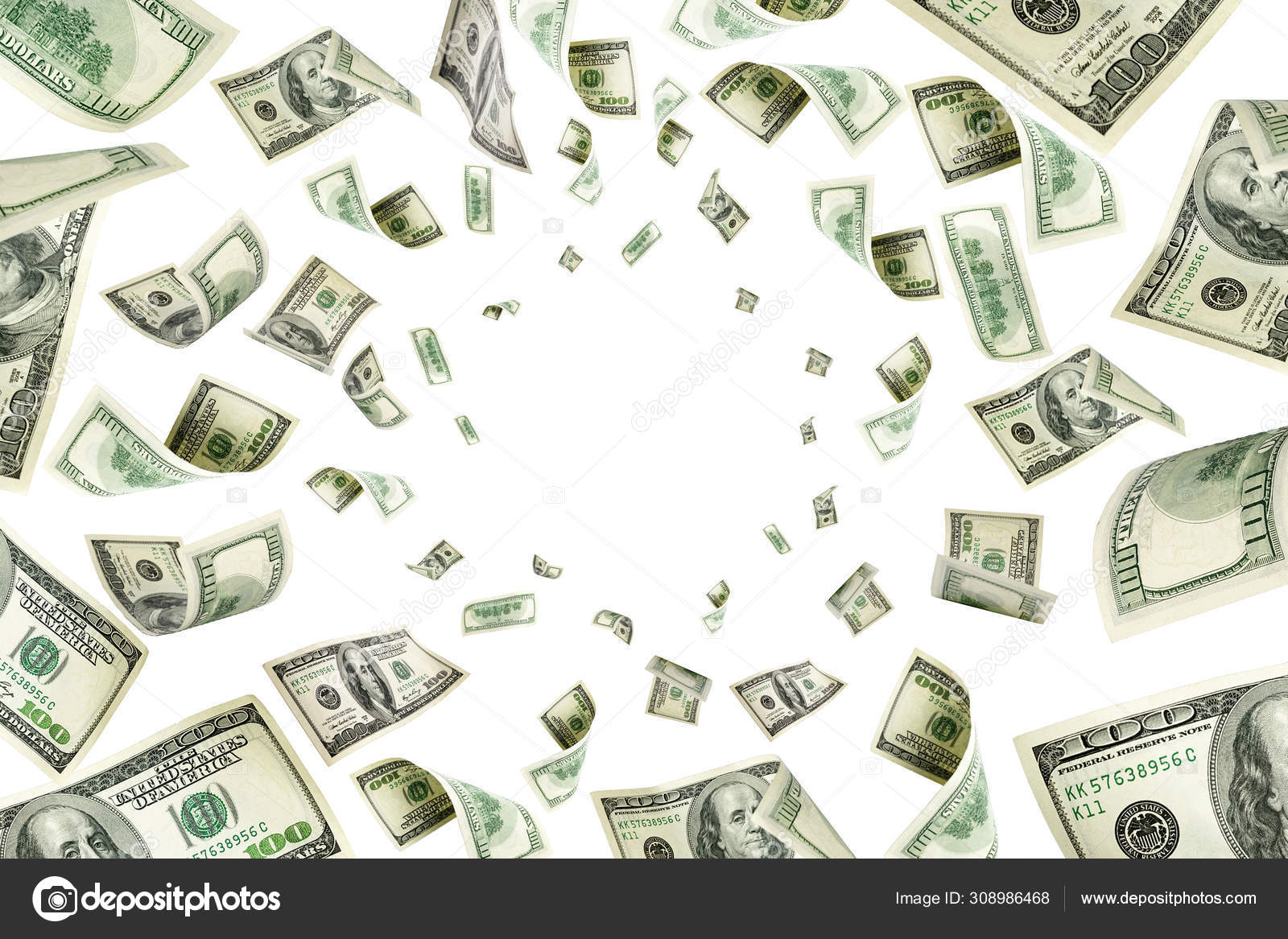 Hundred dollar bill. Falling money isolated background. American Stock ...