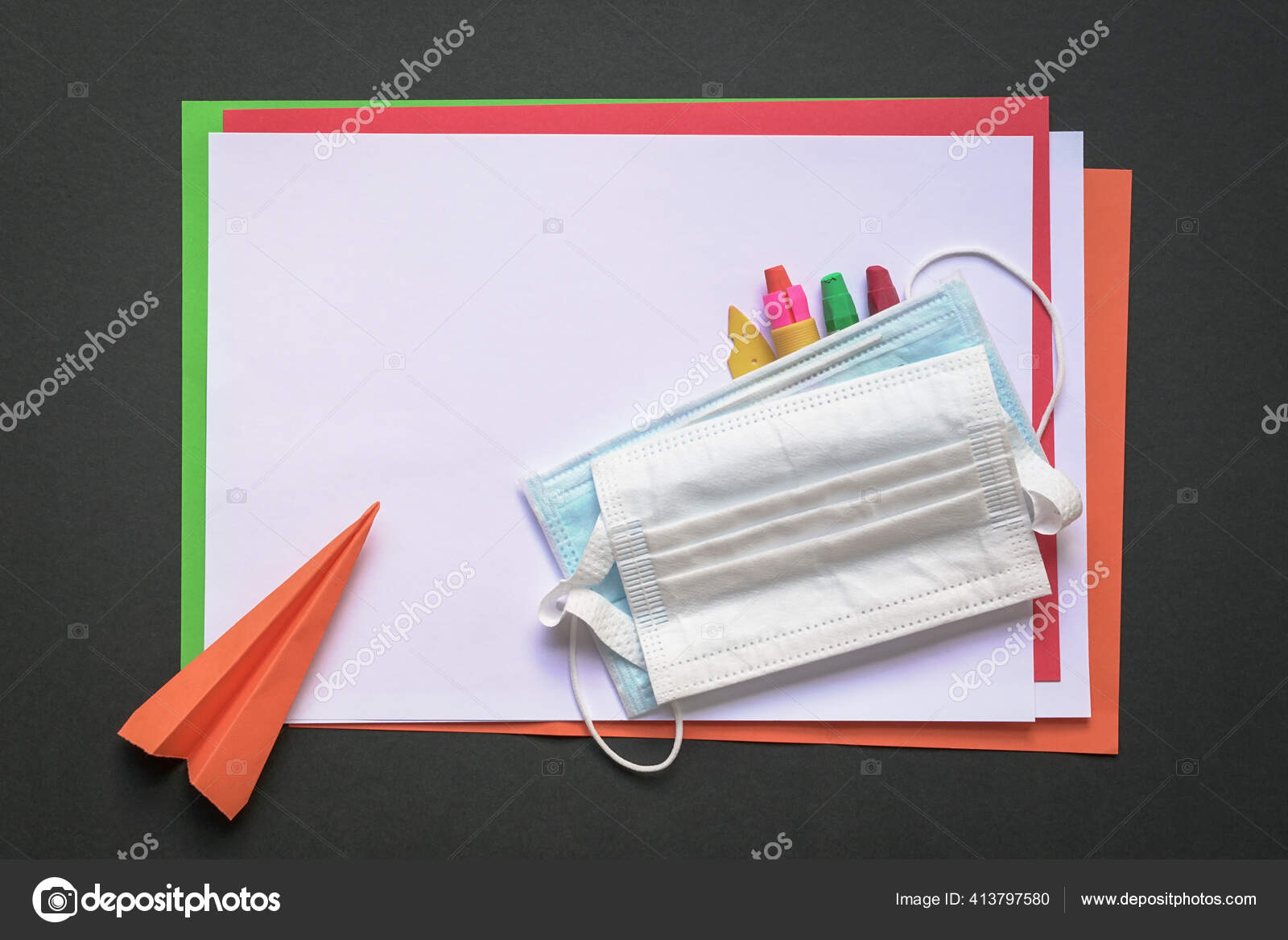 Color Papers Crayons Paper Plane Medical Face Mask Top View Stock Photo ...