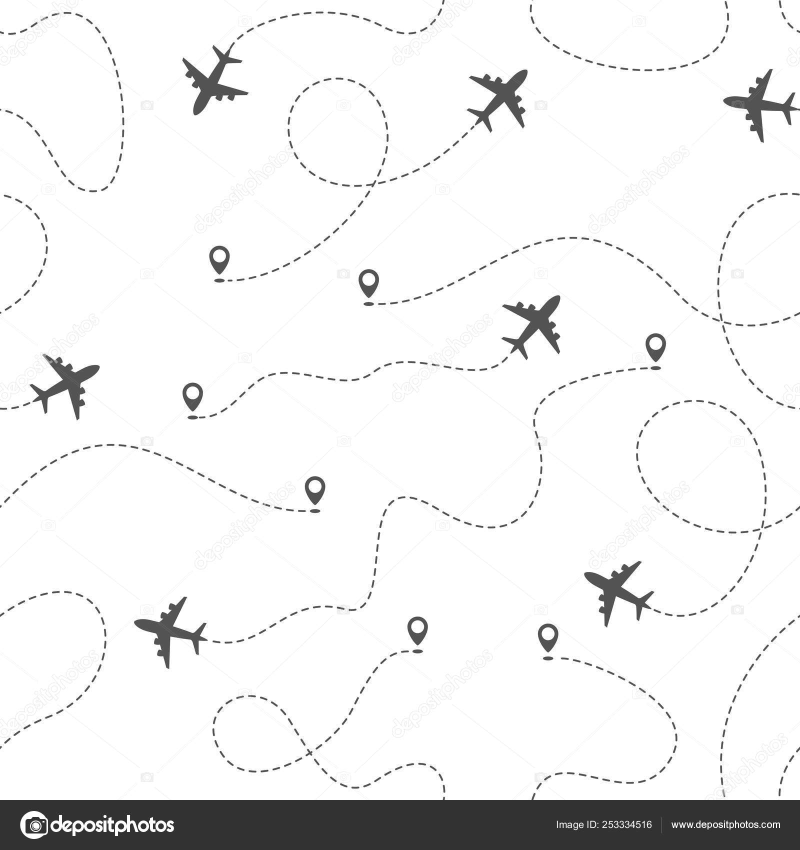 Airplane routes with dotted line, seamless pattern on white background ...