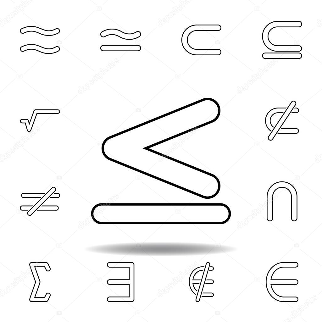 el signo es inferior e igual al icono. Icono de línea delgada para el ...