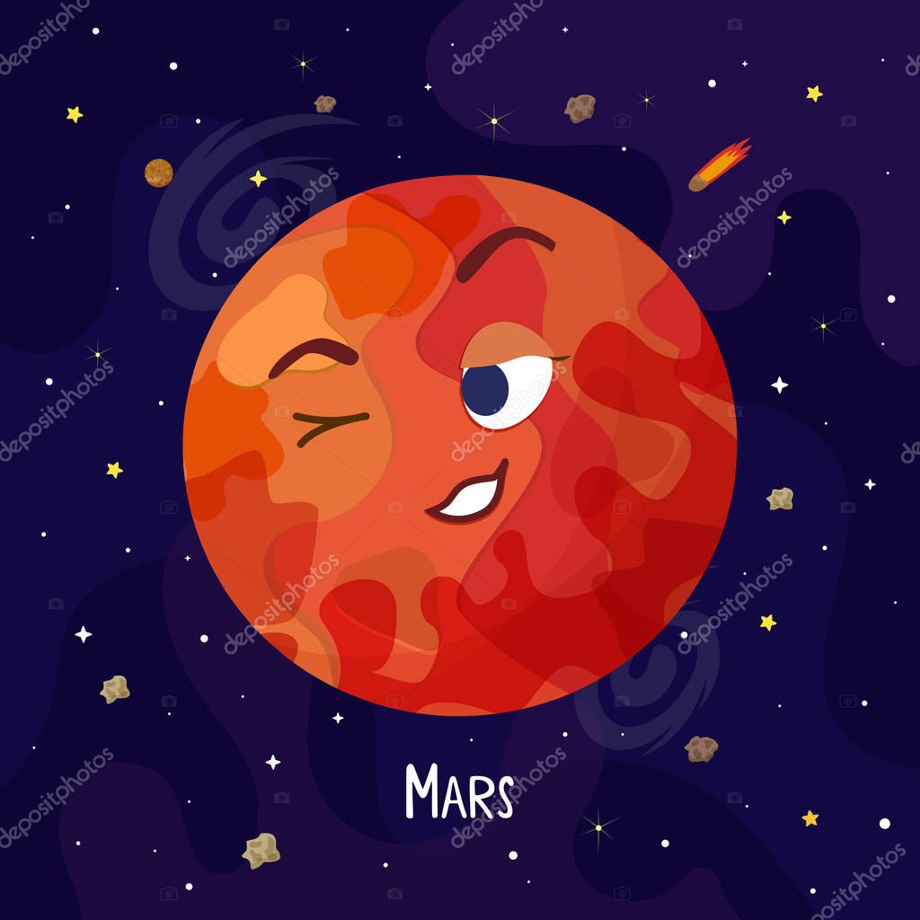 Lindo personaje de dibujos animados planeta Marte. Ilustración del vector espacial 2023
