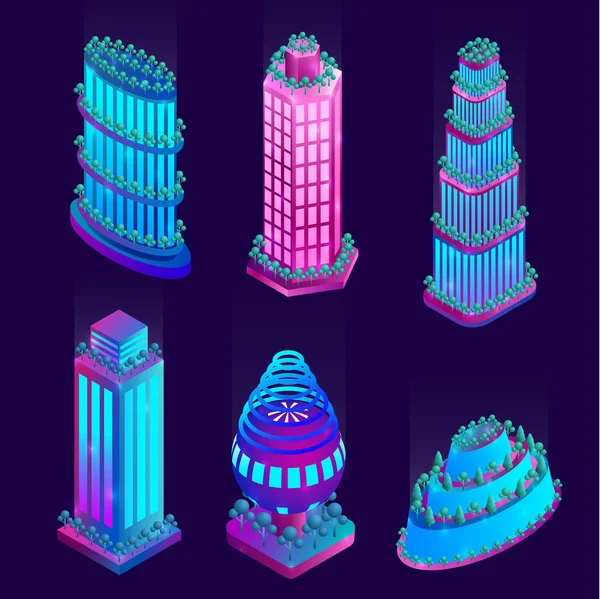 Illuminated neon skyscrapers and objects of futuristic city. Vector ...