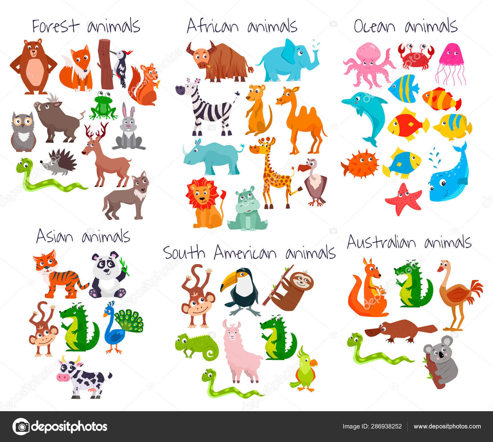 Gran conjunto de animales de dibujos animados lindos. Ilustración vectorial. Vector de stock ...