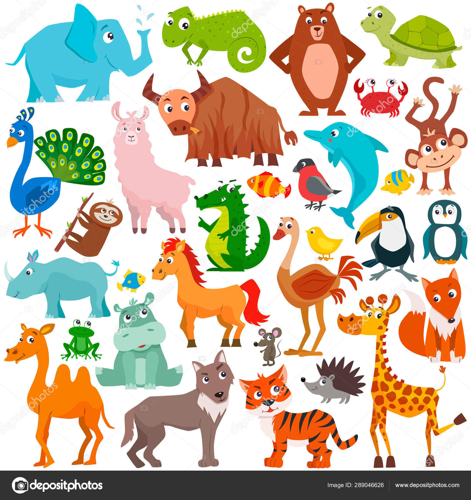 Gran conjunto de animales de dibujos animados lindos. Ilustración vectorial. Vector de stock por ...