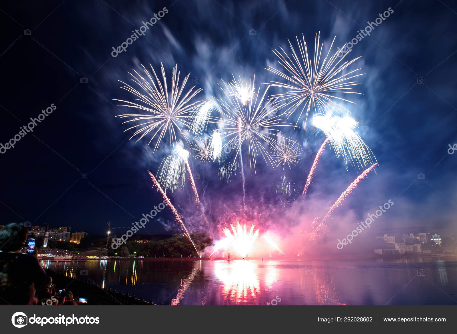 Beautiful Pyrotechnic Fireworks Show Night Sky Water Celebration Stock ...