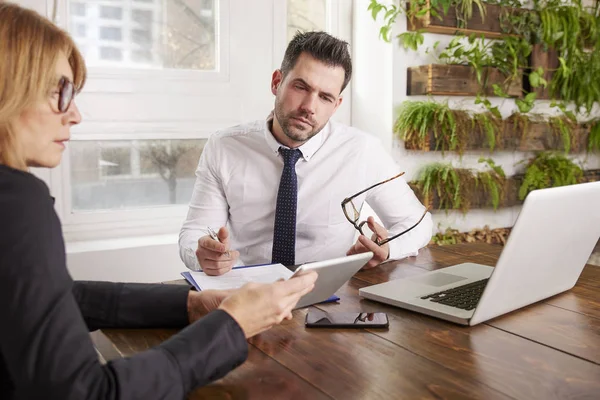 Shot Sales Team Working Together New Project Businessman Sitting Office ...