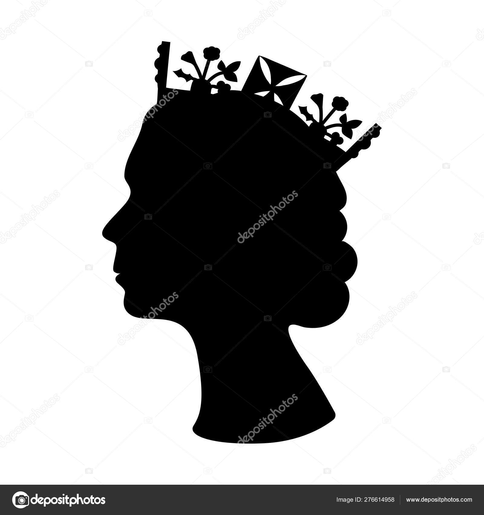 Black silhouette of Queen Elizabeth wearing the crown. Black and white ...