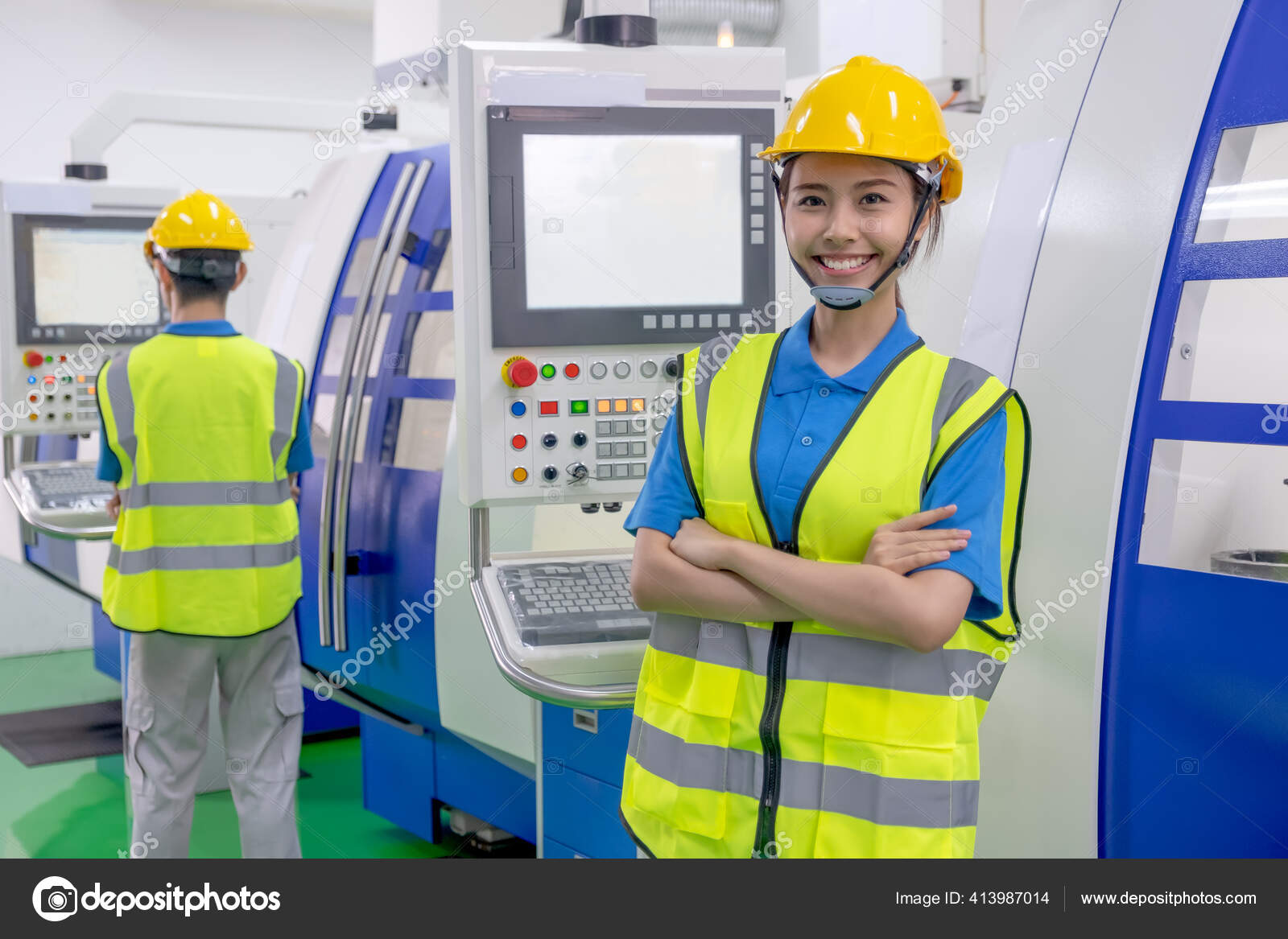 Factory Worker Woman Uniform Stand Cross Arm Smile Look Camera Stock ...