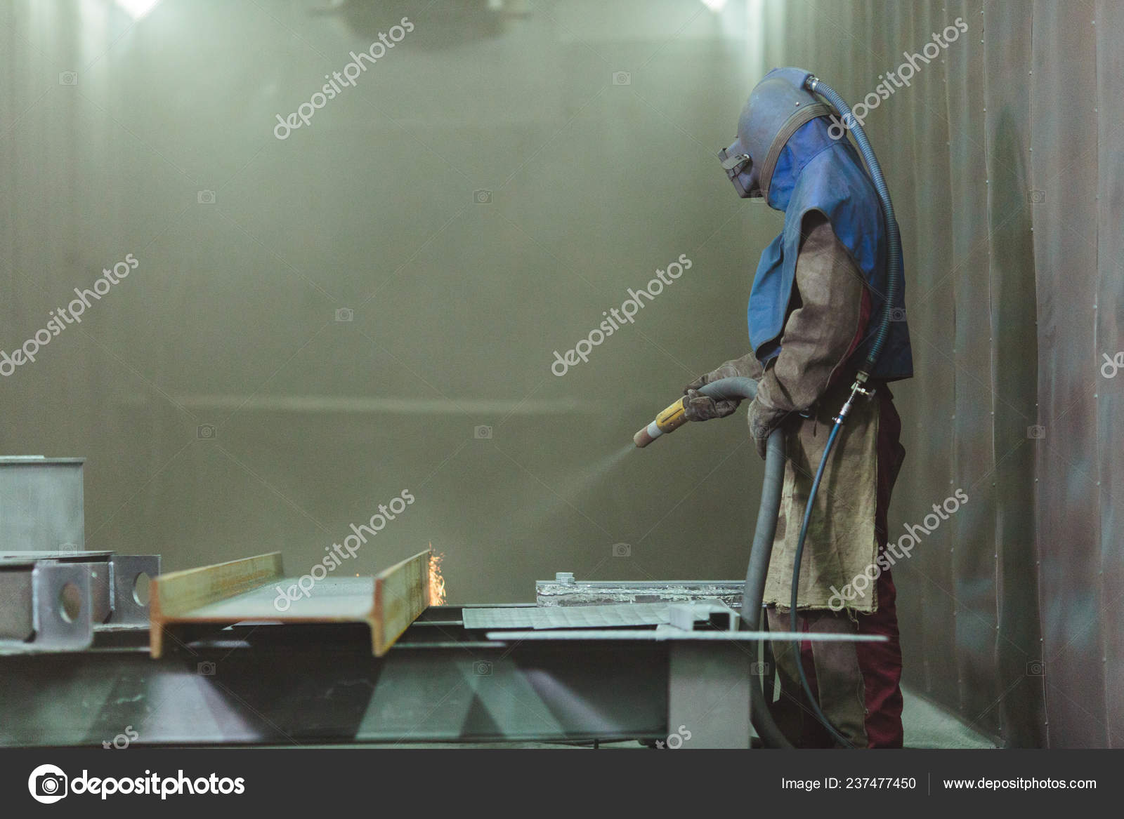 Sandblast Blasting Metal Employee Prepares Metal Part Painting Harsh ...