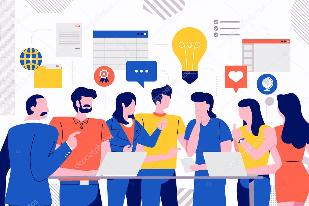 Ilustraciones diseño concepto reunión de negocios y discusión ingenio ...
