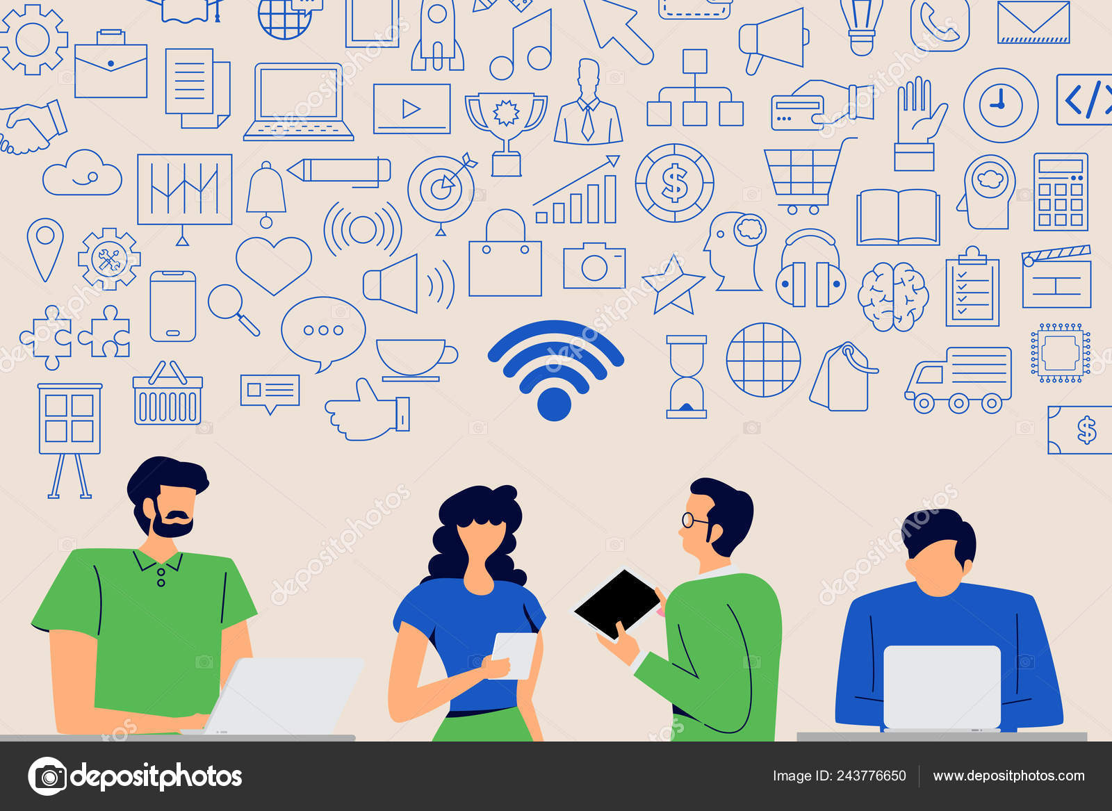 Set Cartoon Peoples Using Internet Device Smartphone Laptop Digital ...