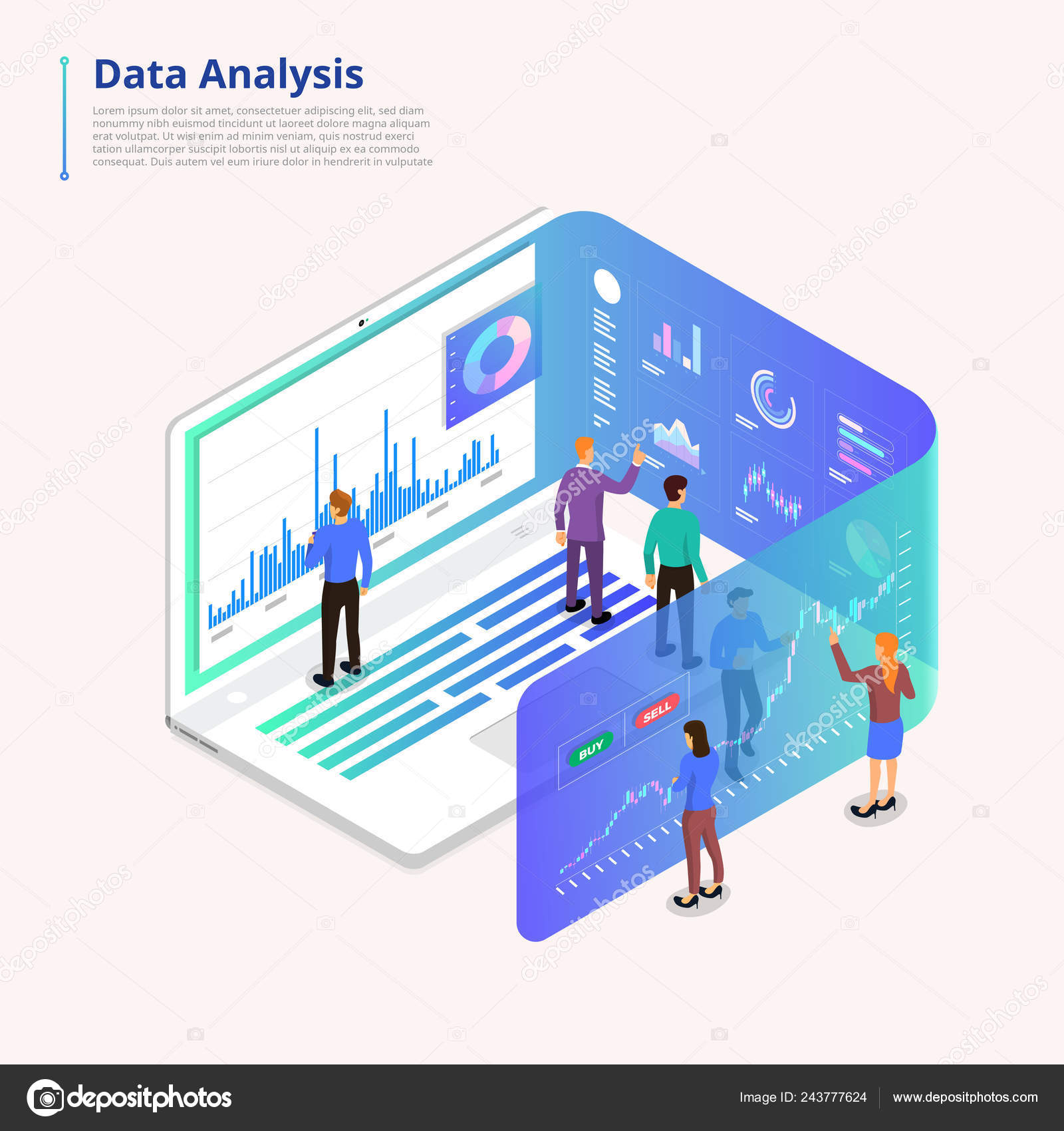 Isometric Illustrations Concept Data Analysis Teamwork Tools Small People Working Stock Vector ...
