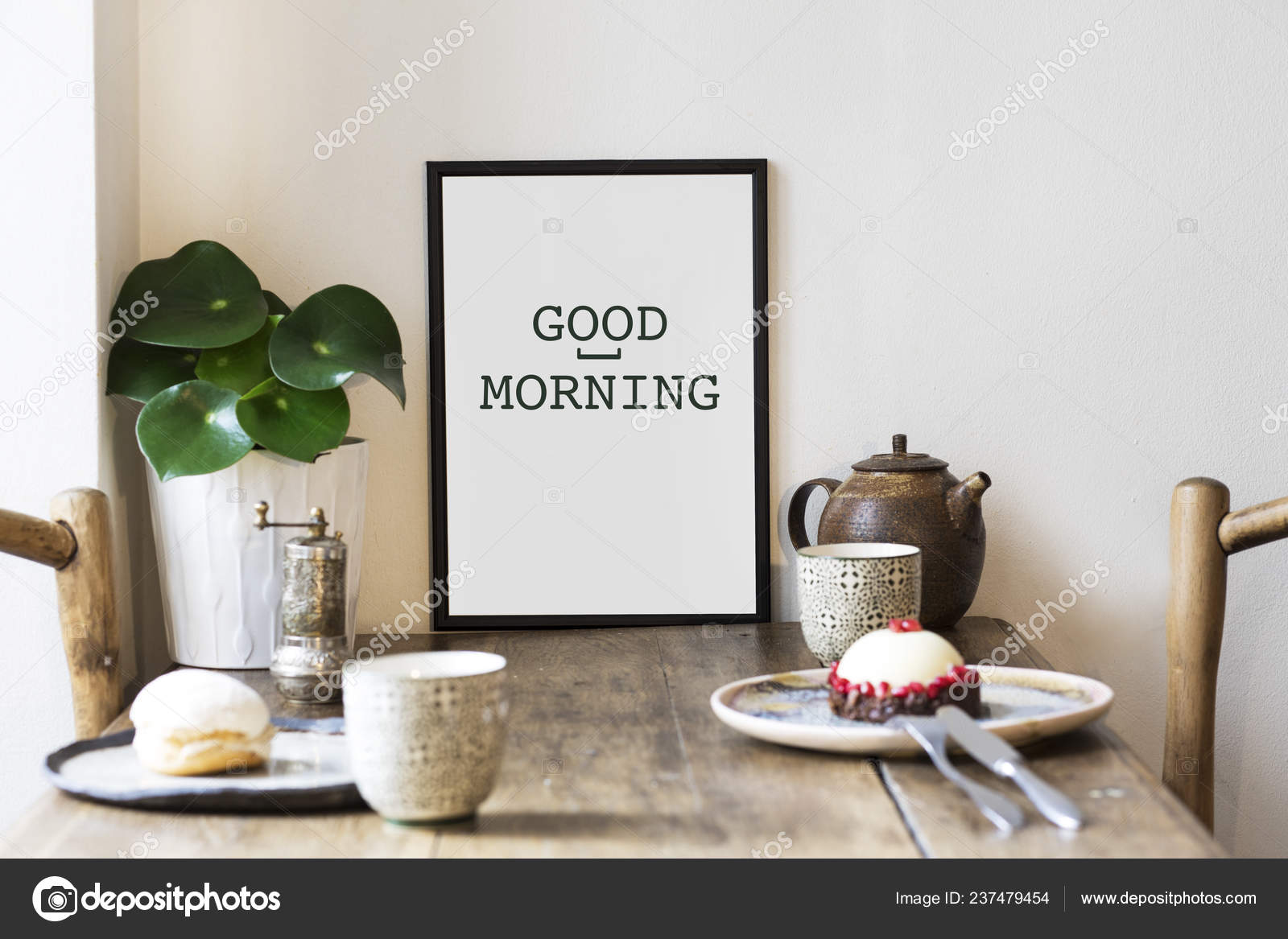 Stylish Interior Design Kitchen Space Small Wooden Table Mock Frame ...