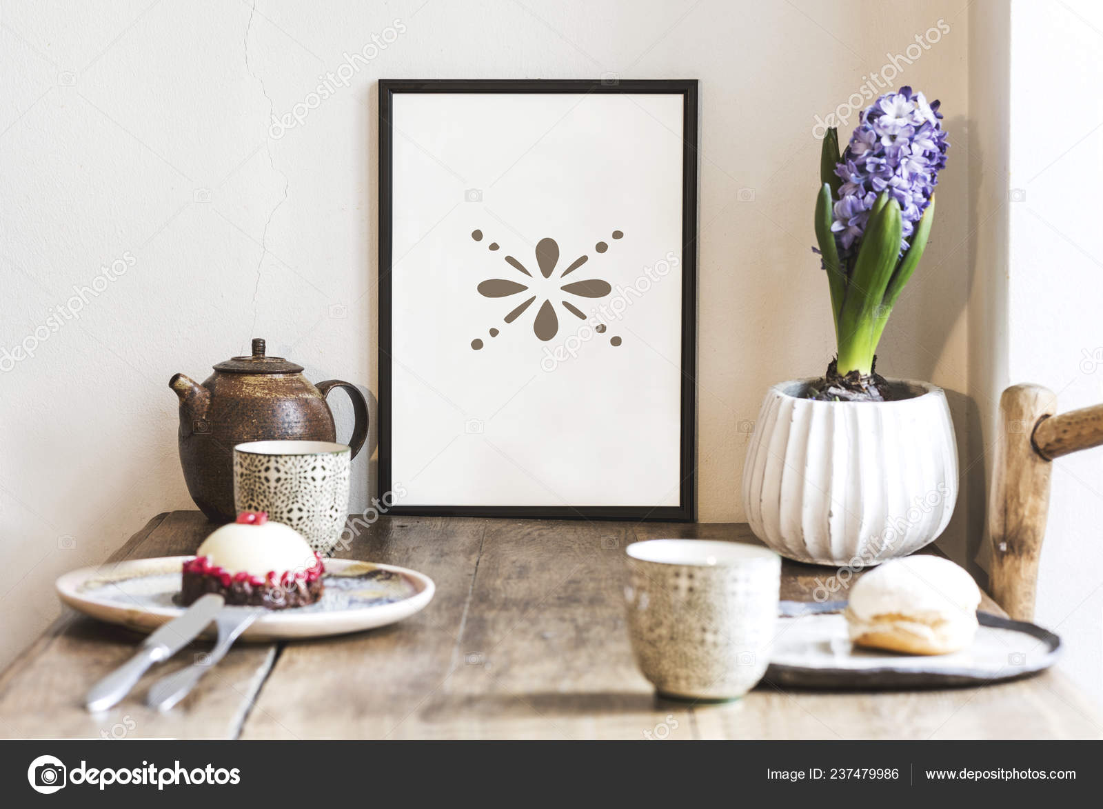 Stylish Interior Design Kitchen Space Small Wooden Table Mock Frame ...