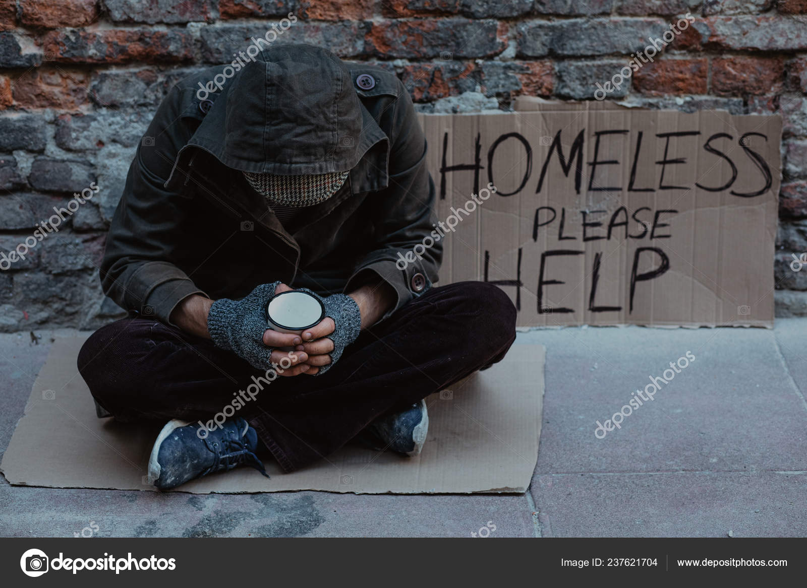 Homeless Man Sitting Pavement Asking Handouts — Stock Photo ...