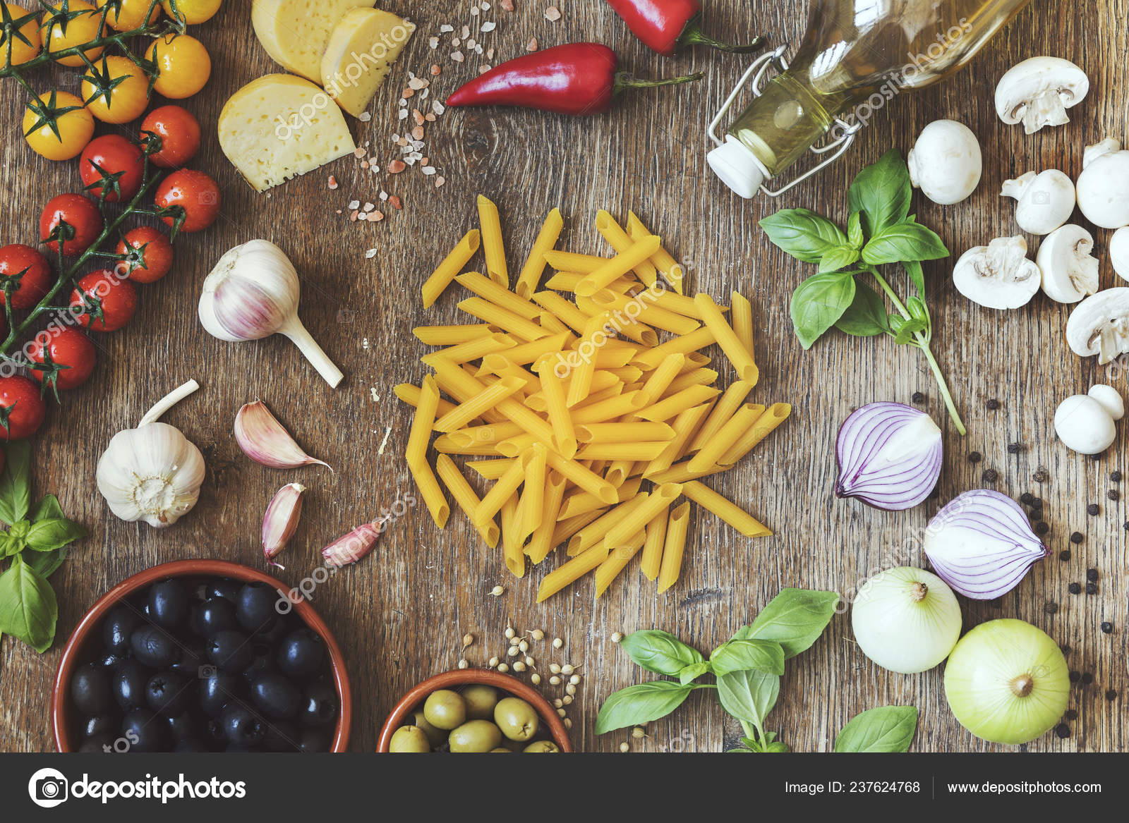 Collection Ingredients Traditional Italian Pasta Wooden Background ...