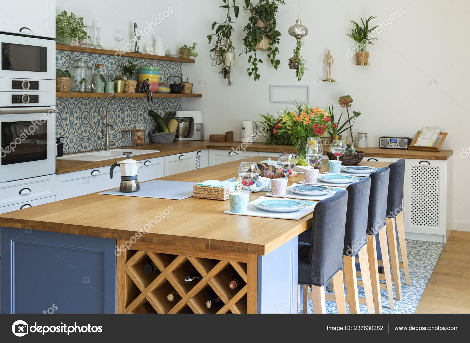 Light Stylish Kitchen Blue Colors Mediterranean Style Stock Photo by ...