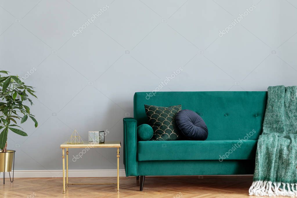 Elegante interior de la casa con sof de dise o de terciopelo verde, planta tropical en soporte ...