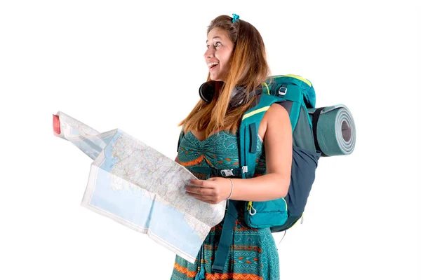 Hiker Girl Backpack Map Isolated White Trekking Travel Lifestyle ...