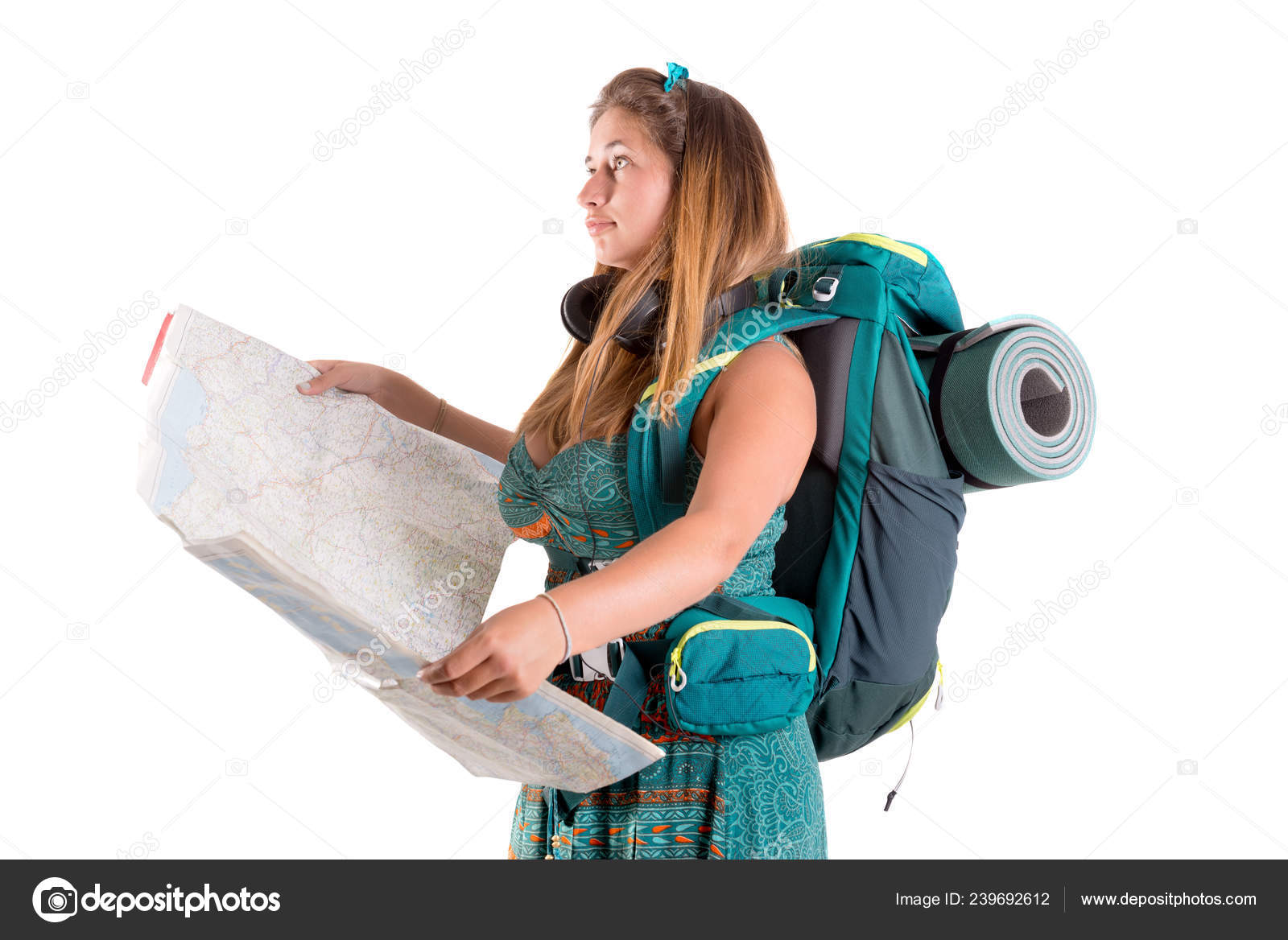Hiker Girl Backpack Map Isolated White Trekking Travel Lifestyle ...
