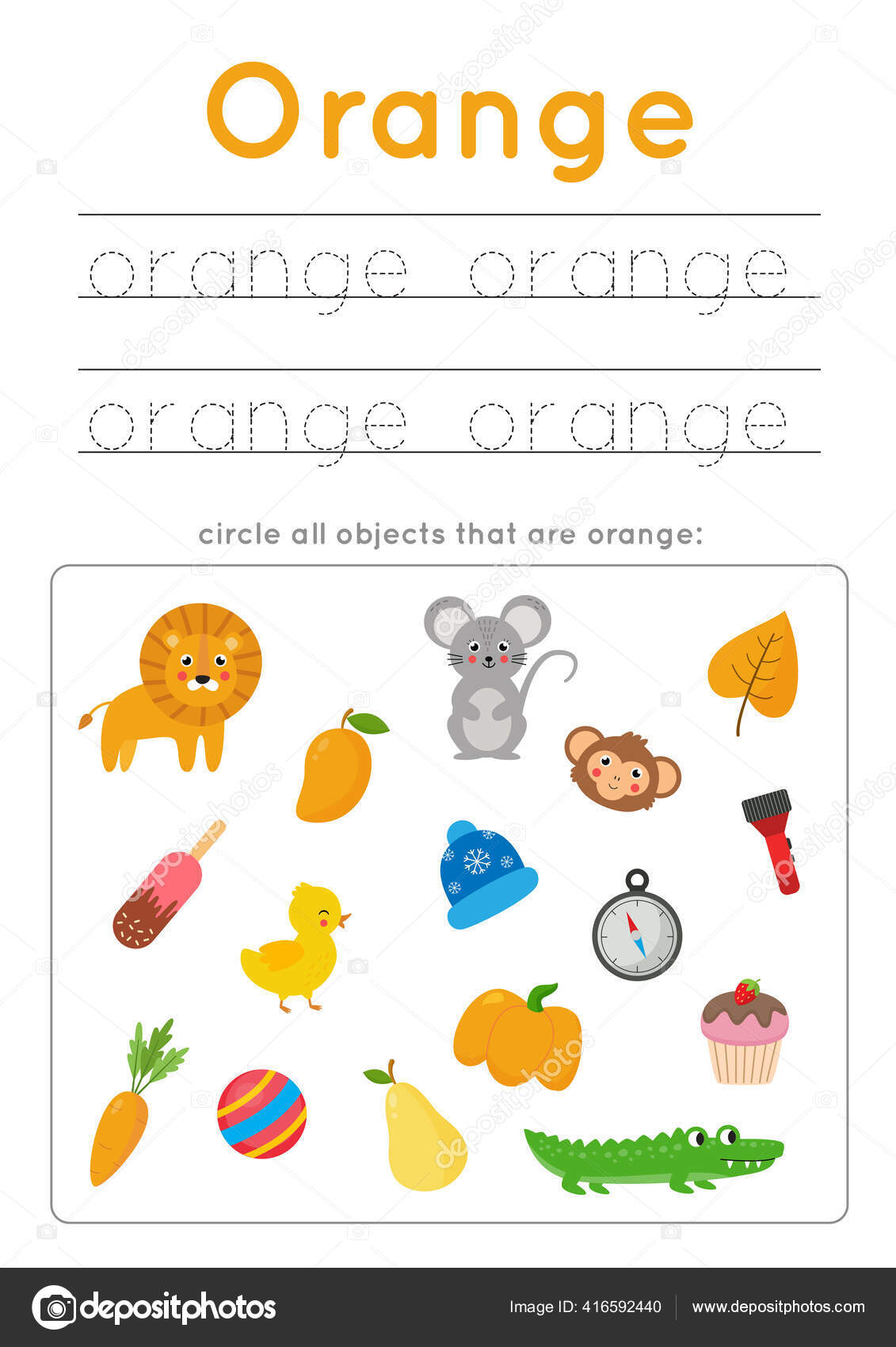 Learning orange color for preschool kids. Writing practice. Stock ...