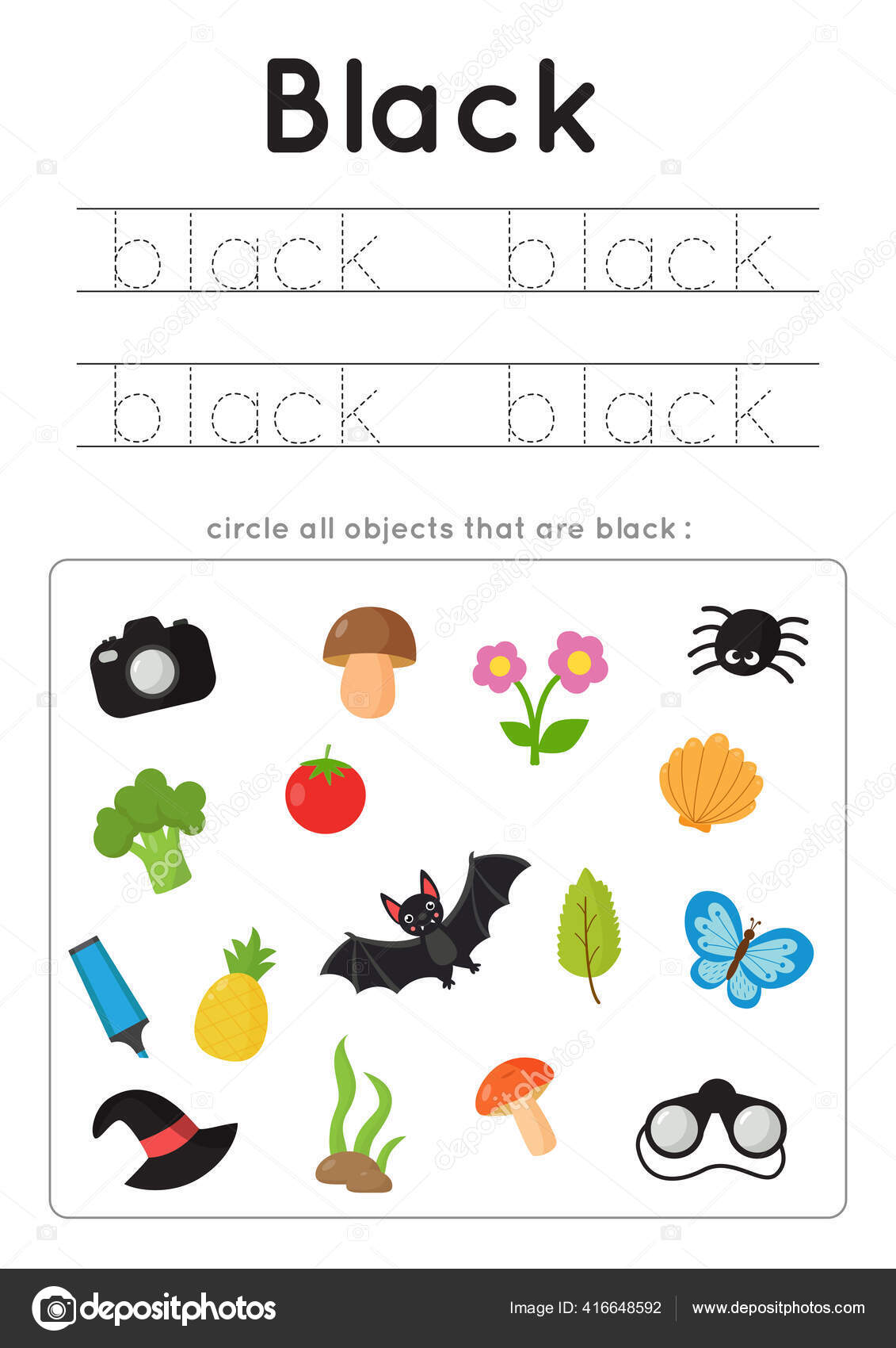 Learning black color for preschool kids. Writing practice. Stock Vector ...