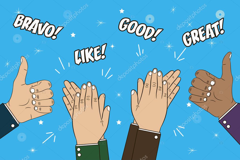 Manos aplaudiendo, aplausos y pulgar hacia arriba gesto. 2023