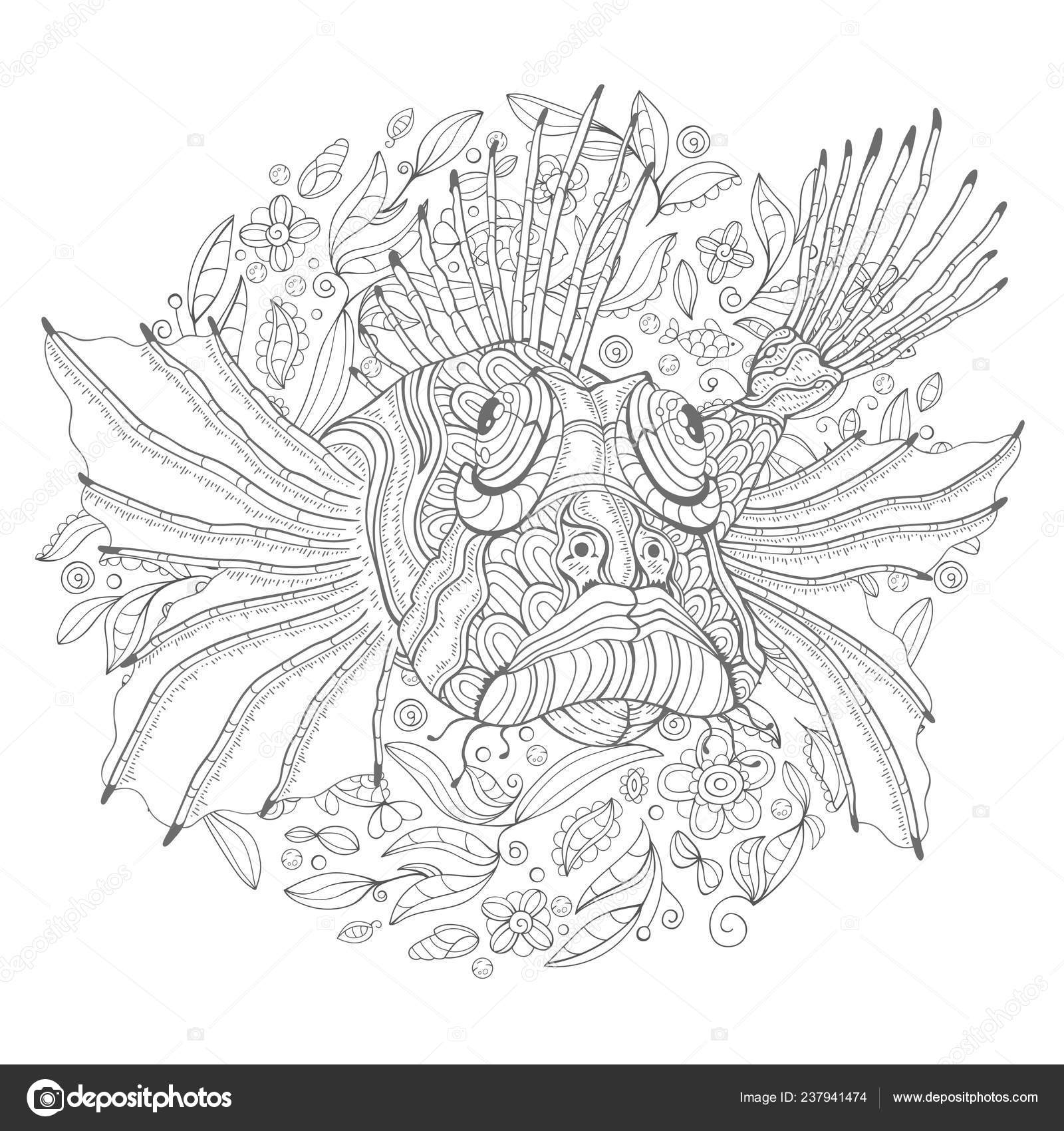 Red lionfish cartoon | Hand Drawn Cartoon Red Lionfish White Background ...