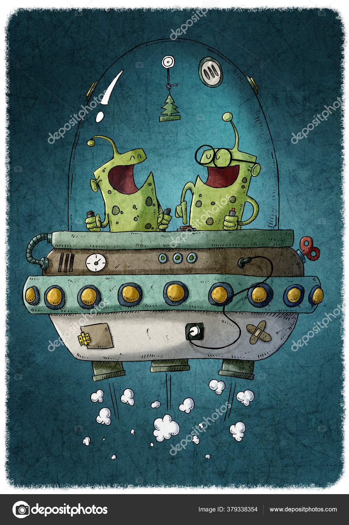Two Aliens One Them Glasses Drive Retro Ufo Funny Illustration Stock ...