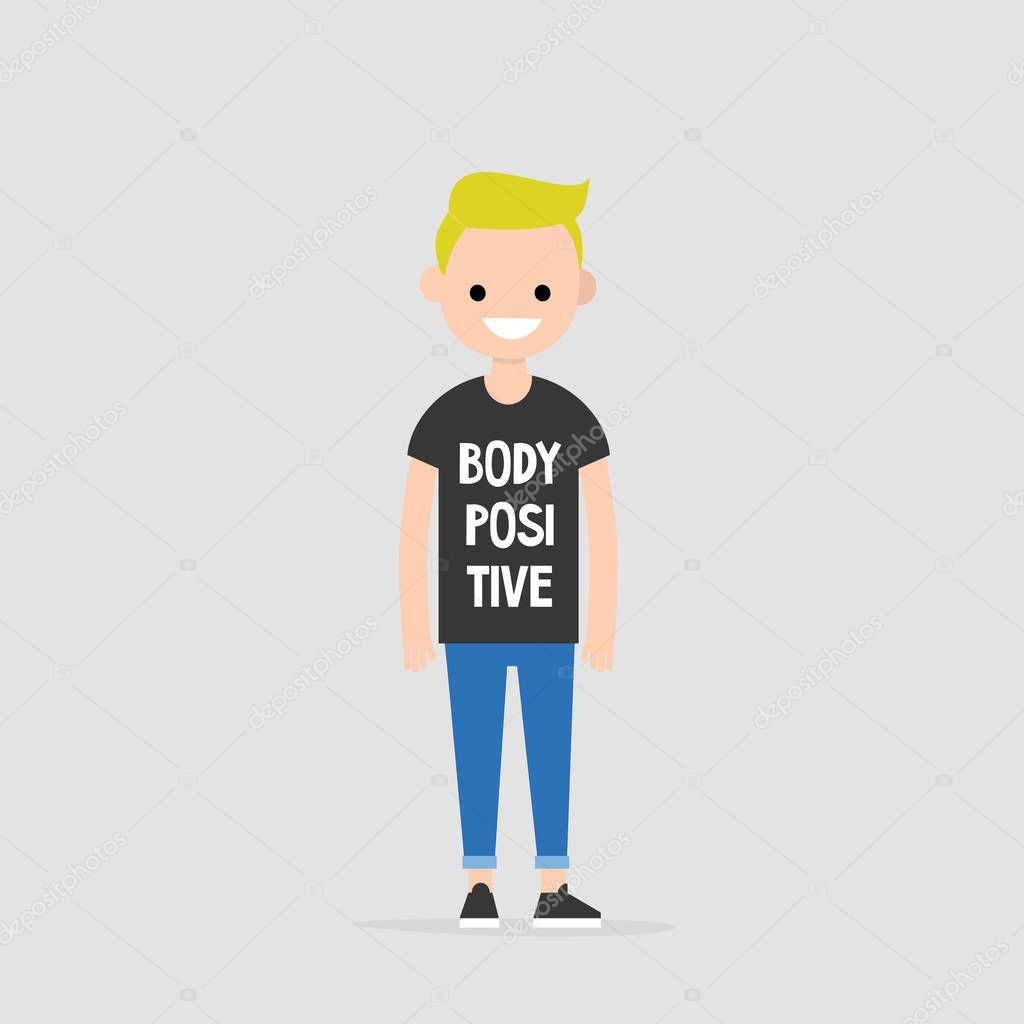 Joven personaje que lleva una camiseta con un signo de "cuerpo positivo ...