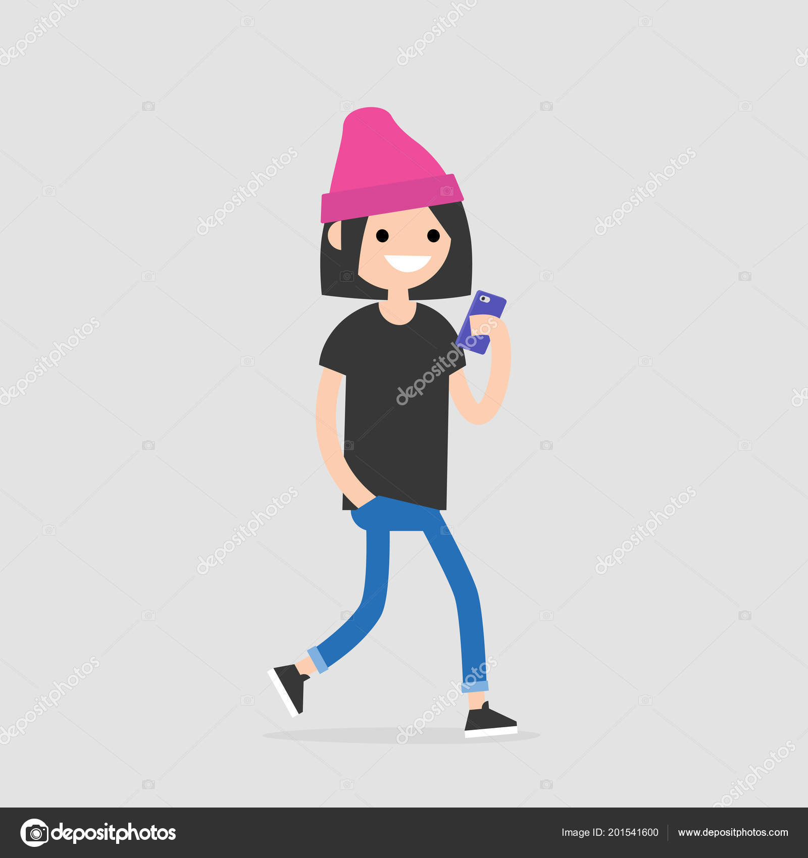 Young Female Walking Character Using Phone Millennial Generation ...