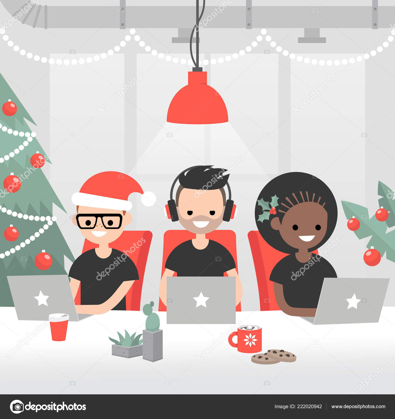 Christmas Atmosphere Office Millennial Employees Working Decorated Open ...