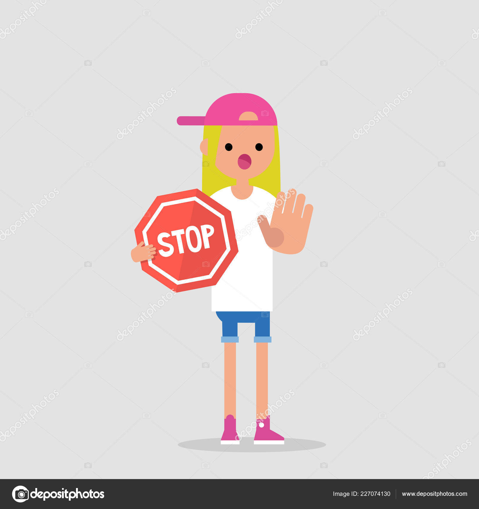 Image vectorielle Attention Interdit Pas D'accès Jeune Personnage Féminin Tenant Stop Rouge par ...