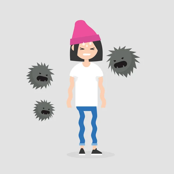 Panic attack. Young scared girl surrounded by angry flying monst Stock ...