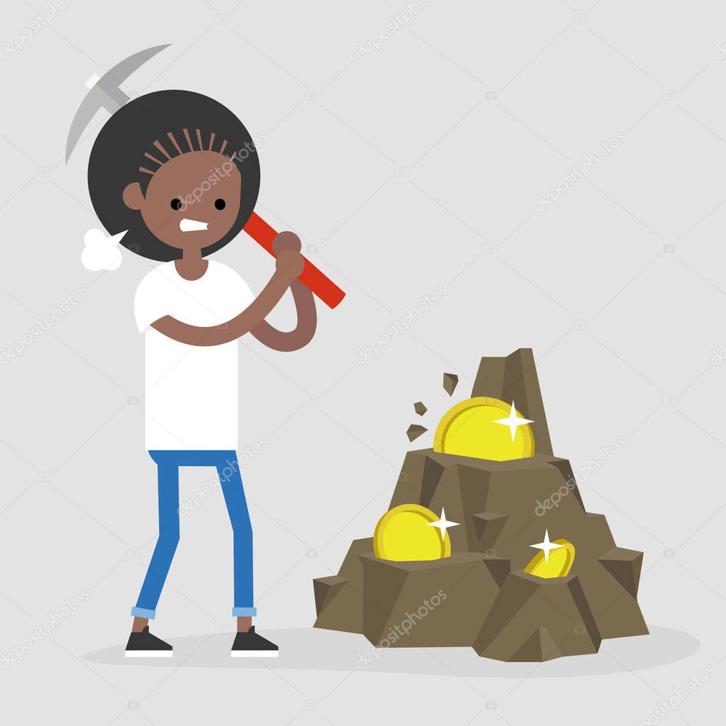 Bitcoin minería, ilustración conceptual. Joven personaje femenino negro ...
