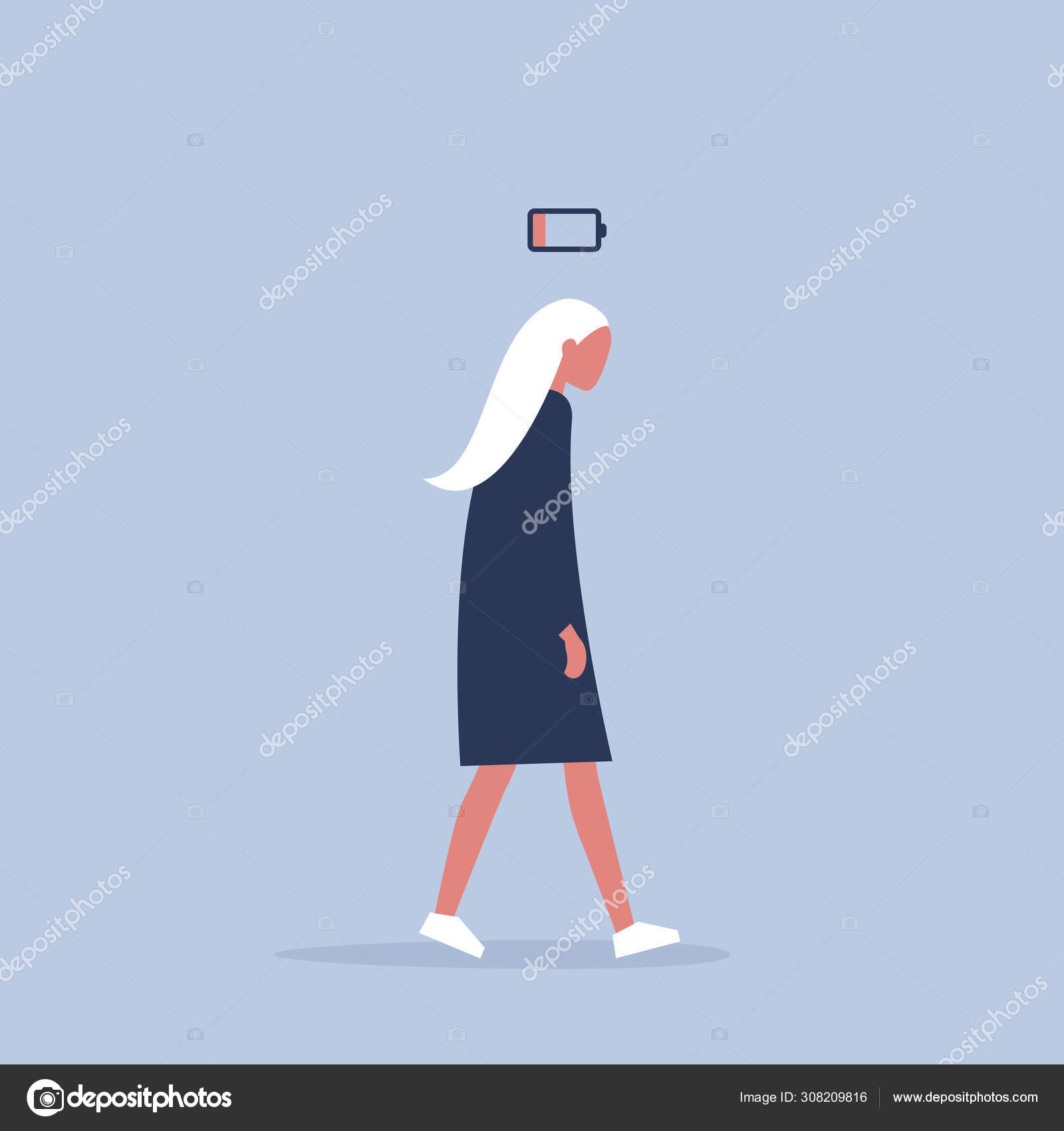 Low battery conceptual illustration. young female exhausted char Stock ...